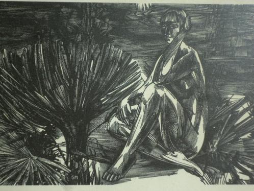 ② Georg Alexander Mathey woodcut lino houtsnede zittend naakt — Kunst ...